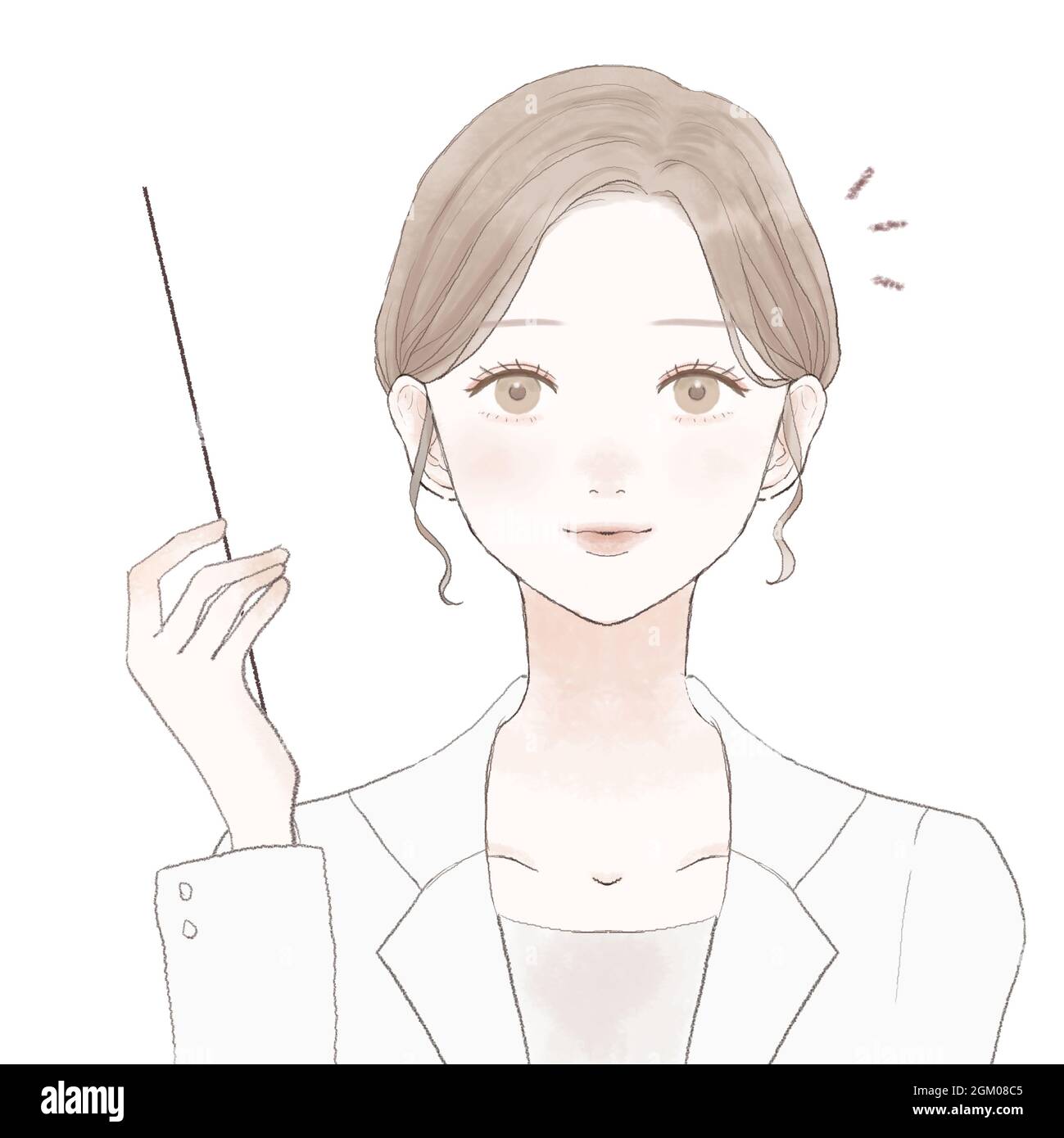 A female doctor holding an instruction stick and explaining. On a white ...