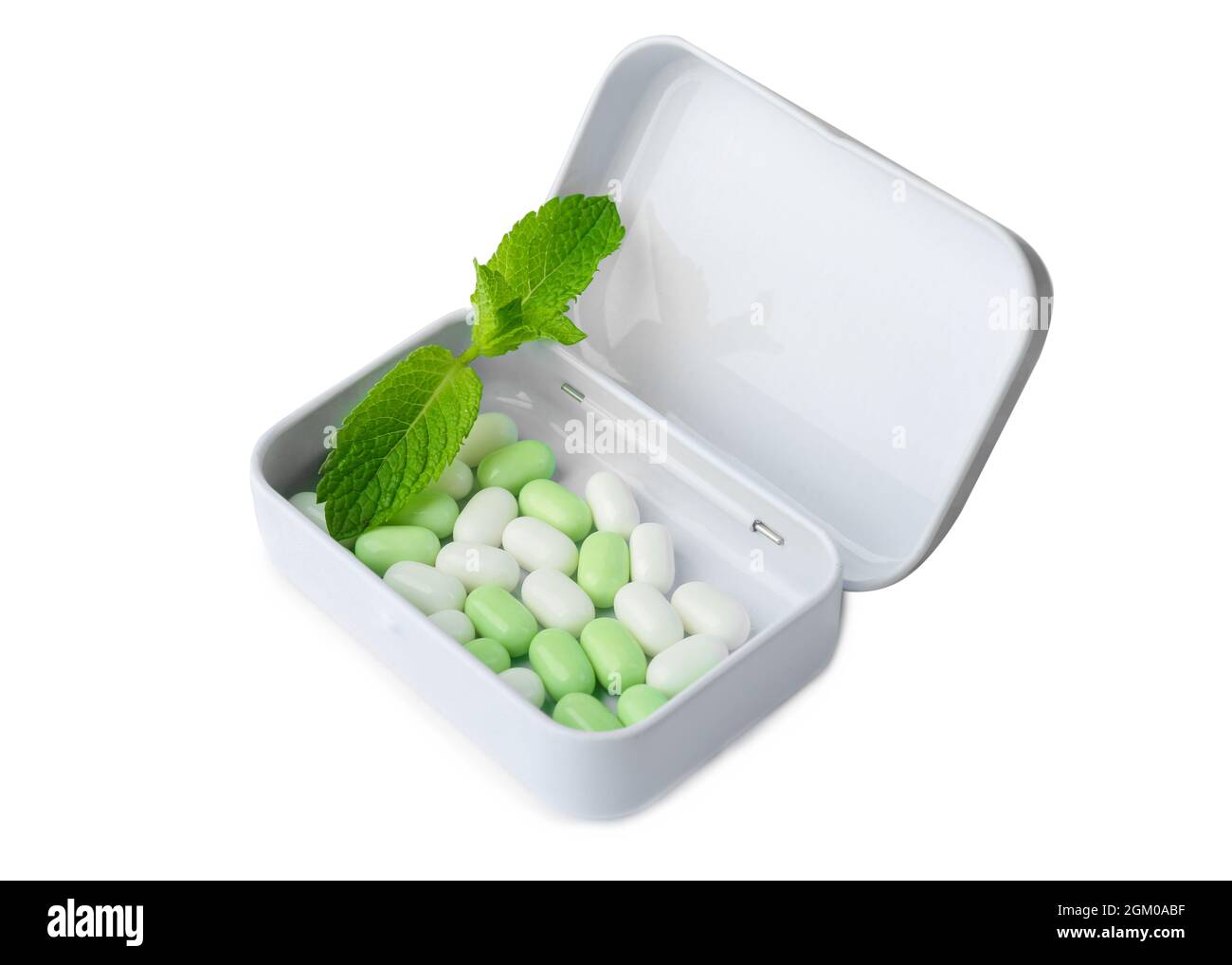 Open box with hard mint candies on white background Stock Photo - Alamy