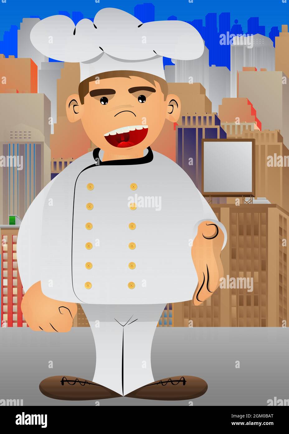 Fat male cartoon chef in uniform giving a hand. Vector illustration ...