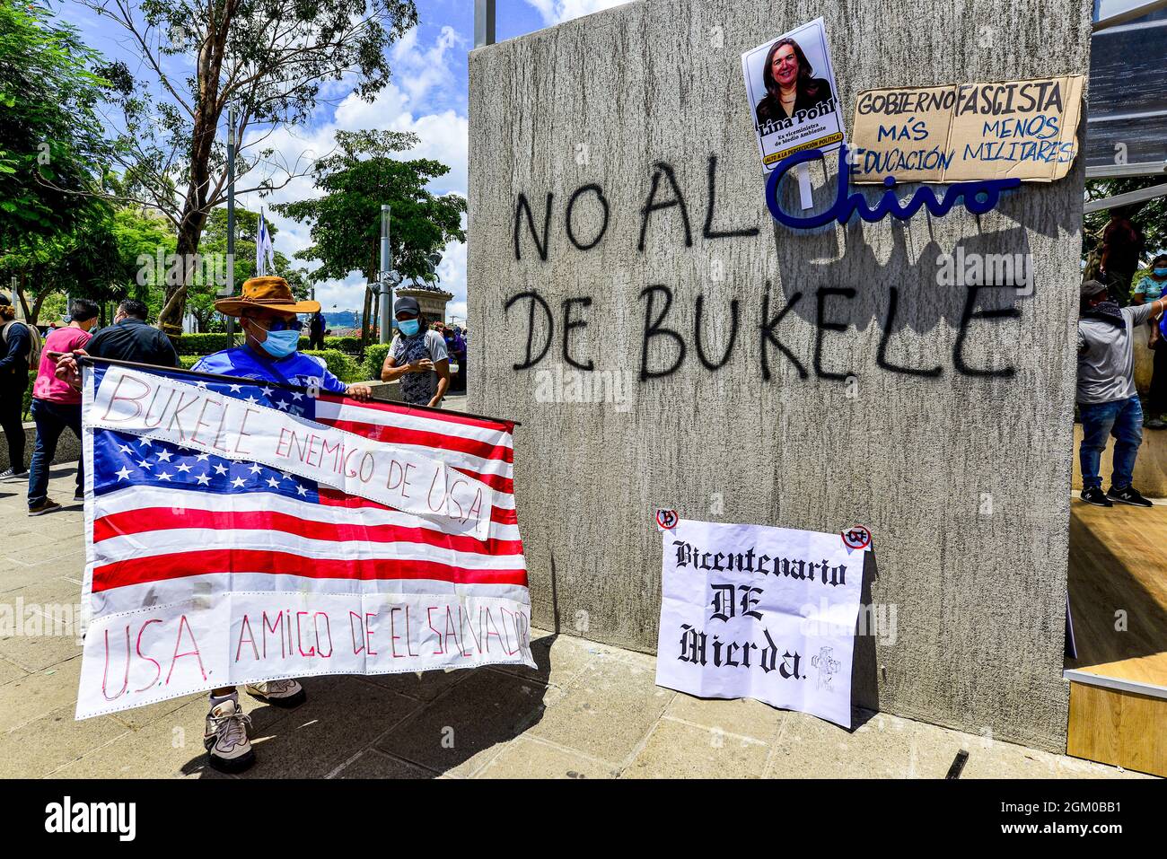 San Salvador, El Salvador. 15th Sep, 2021. A demonstrator holds an ...