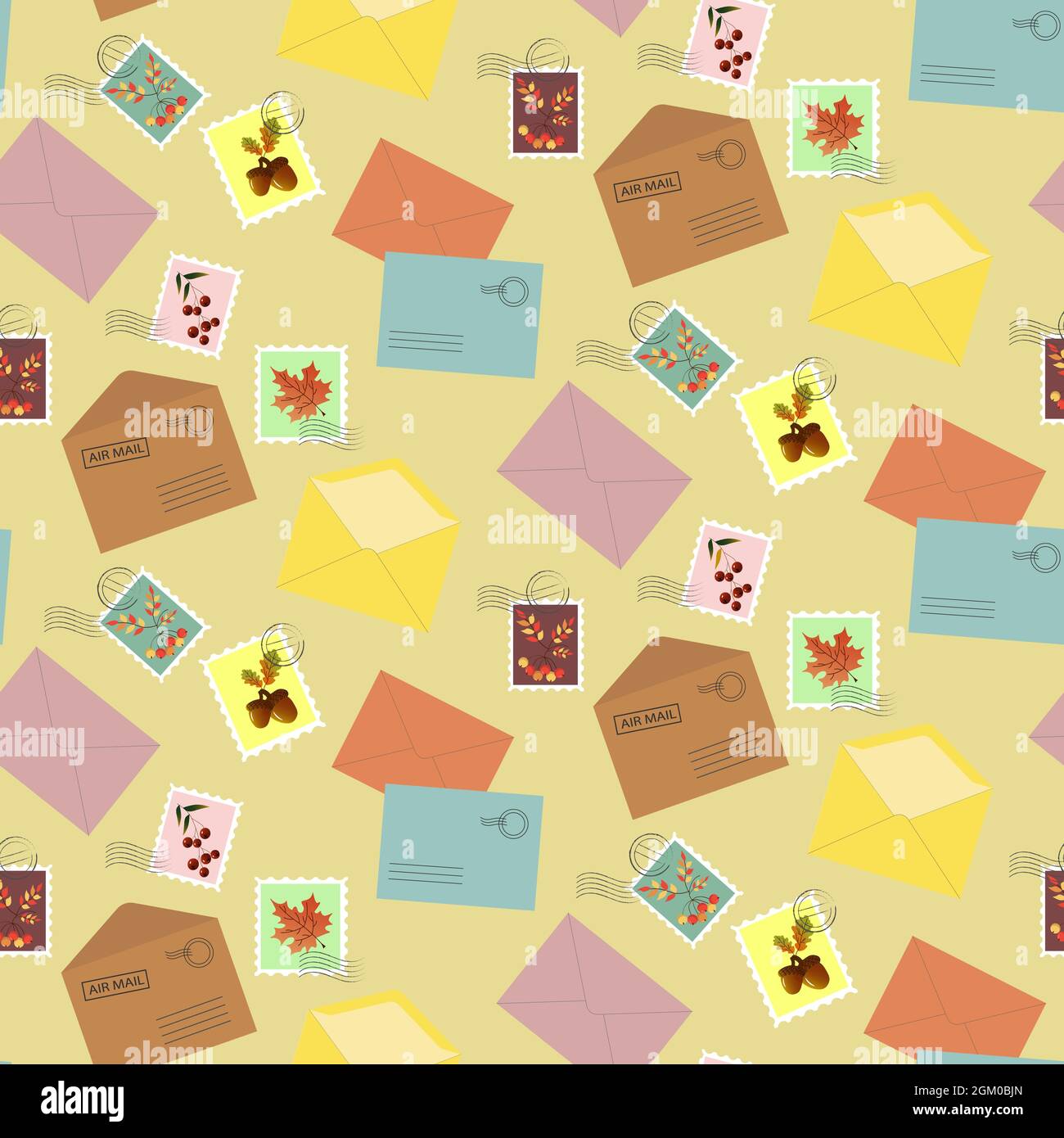Postage envelopes and stamps with autumn leaves. Seamless pattern on a ...