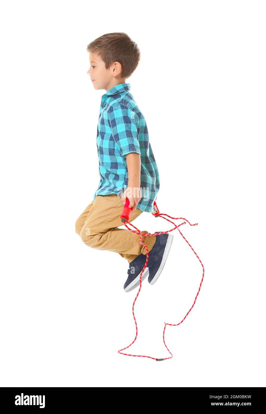 Adorable boy skipping rope, isolated on white Stock Photo - Alamy