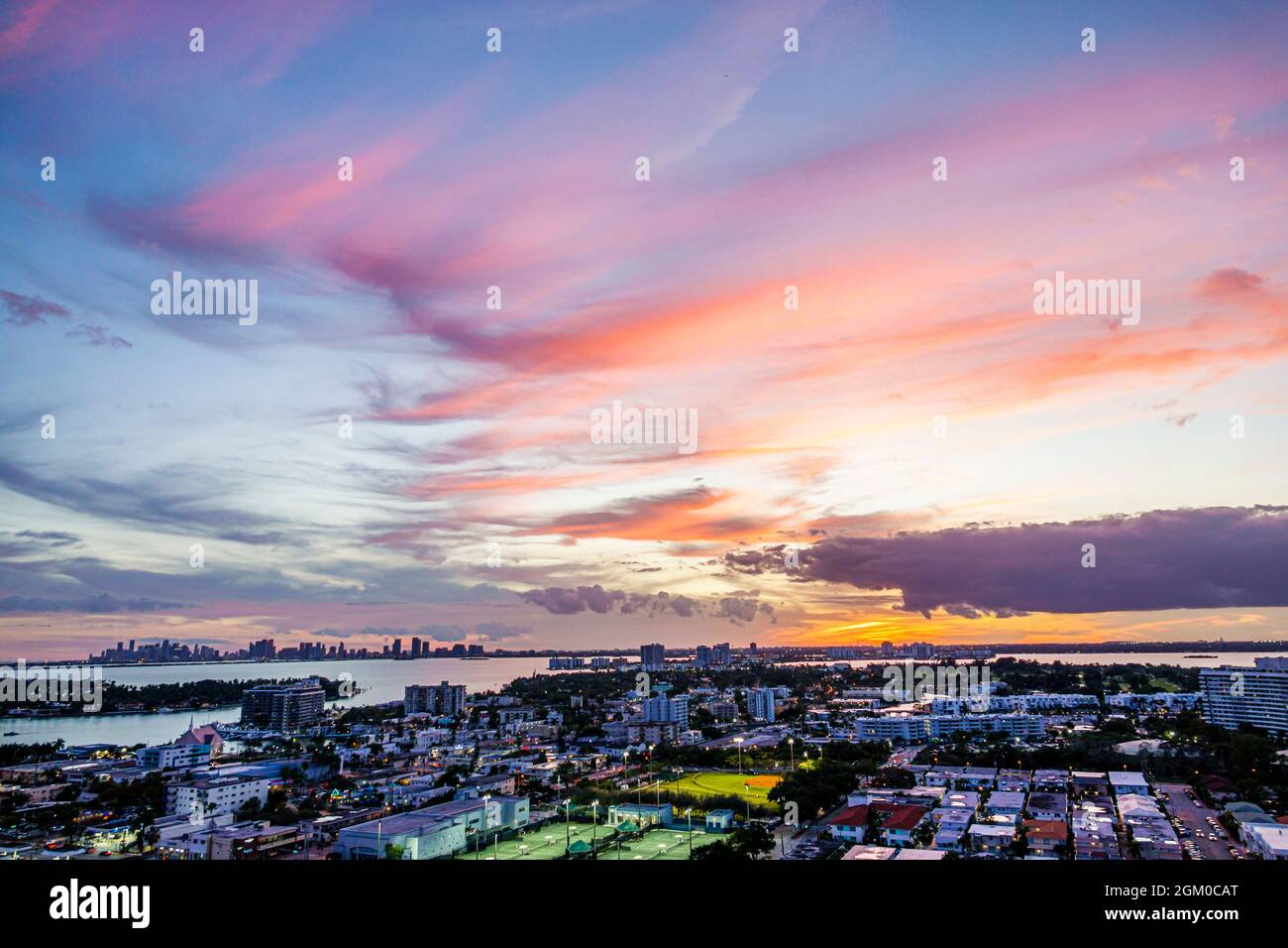 Miami Beach Florida,North Beach,Biscayne Bay,city skyline sunset dusk ...