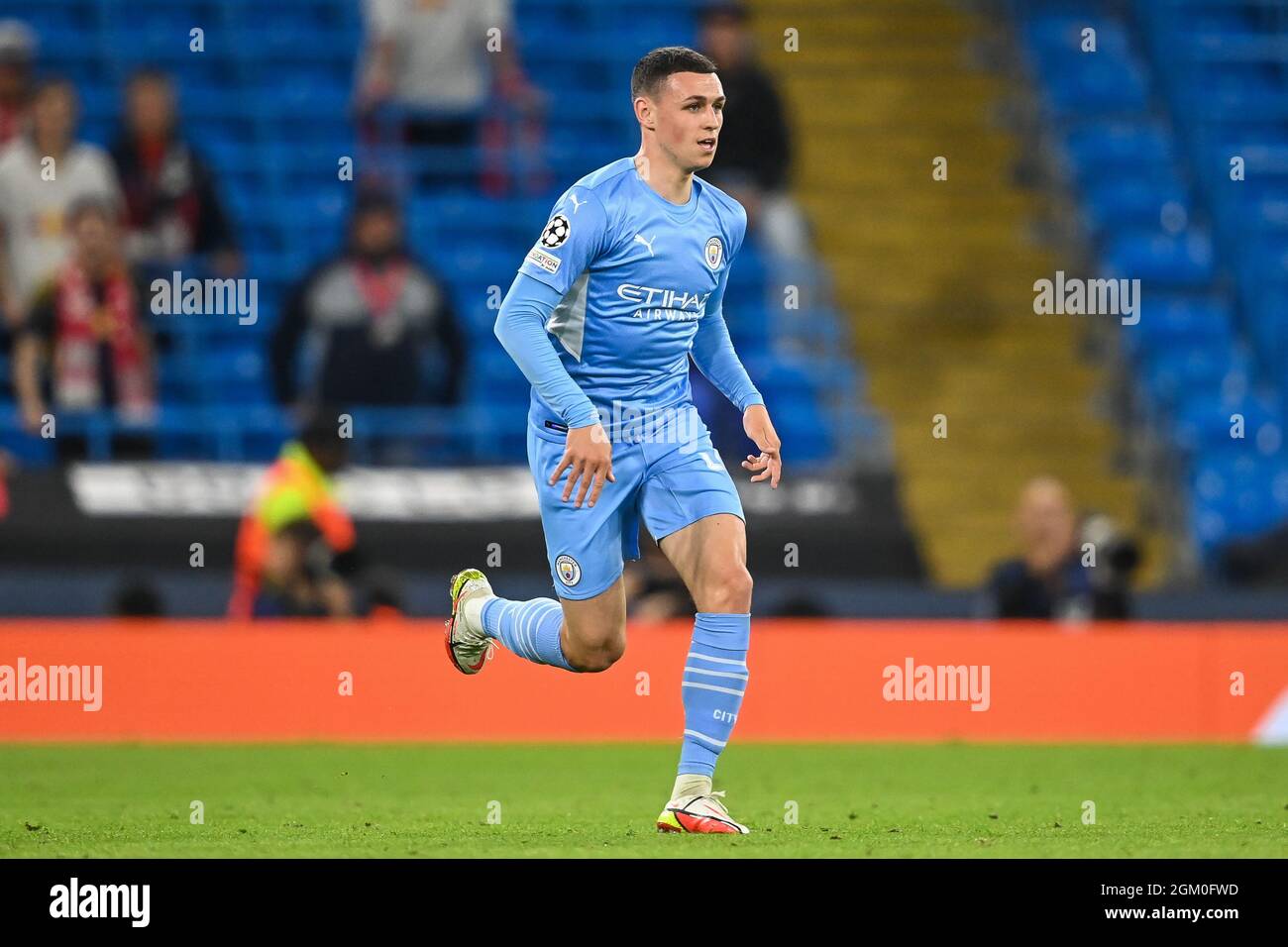 Phil Foden #47 of Manchester City in action during the game in, on 9/15 ...