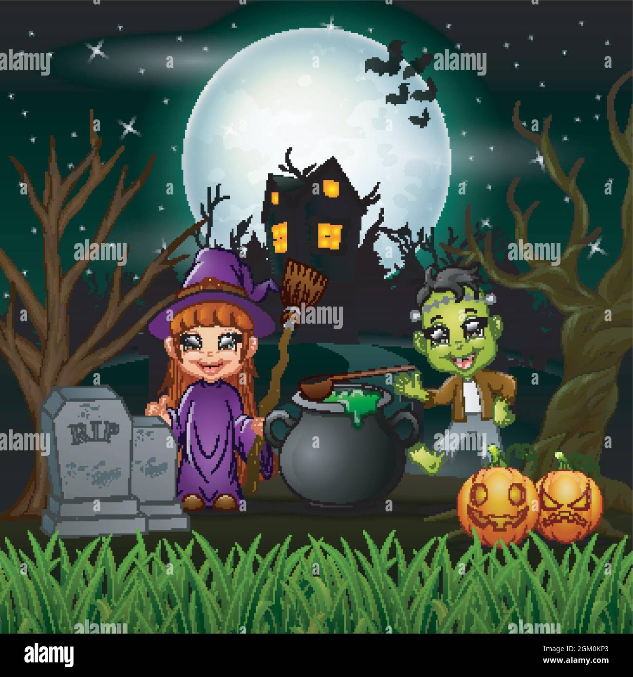 Happy halloween witch and frankenstein in the night Stock Vector Image ...