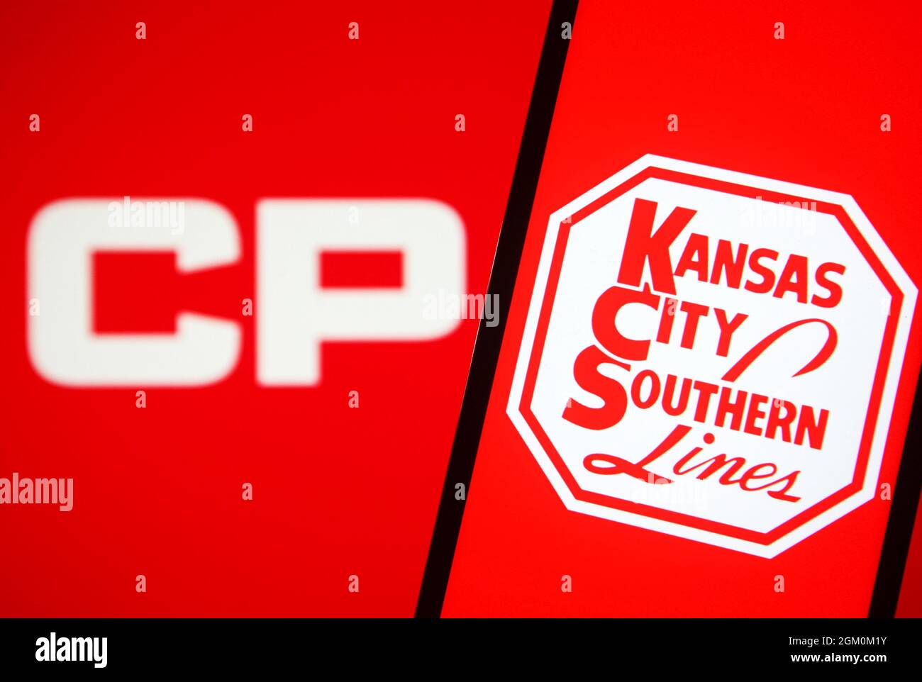 In this photo illustration, Kansas City Southern (KCS) logo is seen on ...