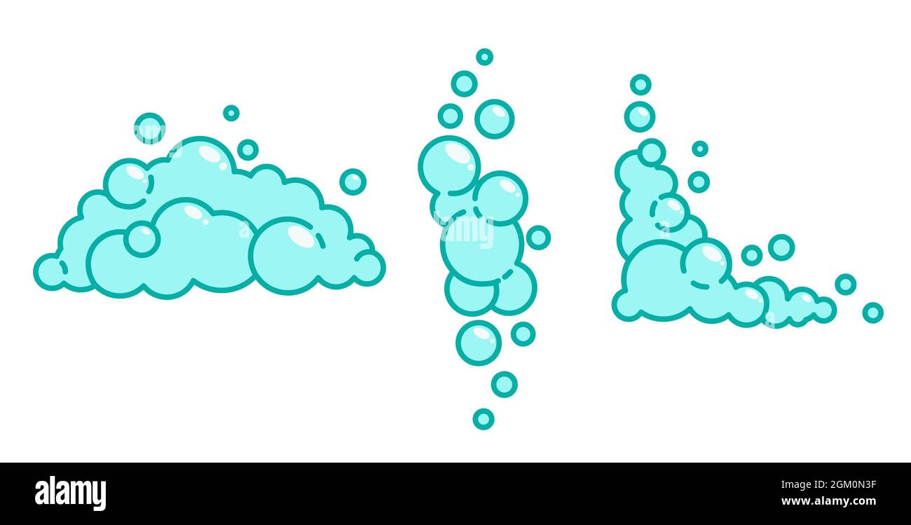 Cartoon soap foam set with bubbles. Light blue suds of bath, shampoo ...