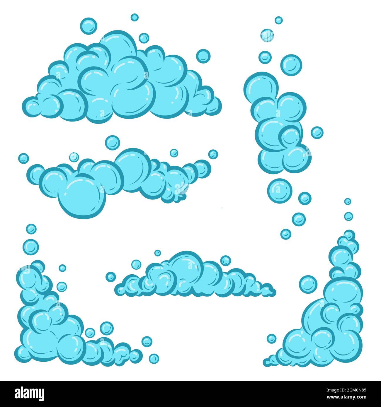 Cartoon soap foam set with bubbles. Light blue suds of bath, shampoo ...