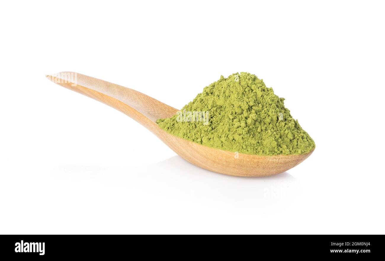 Powder green tea on wooden spoon isolated on white background Stock ...