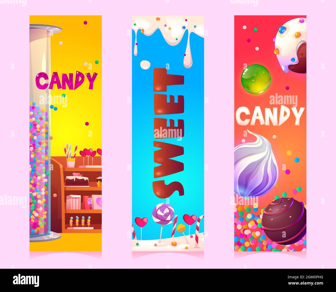 Sweets and candies cartoon vertical banners or bookmarks with ...