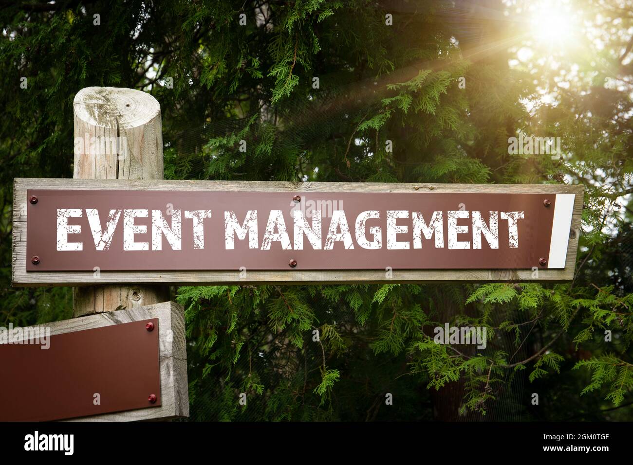Event management concept. Road sign and arrow. Wooden construction ...