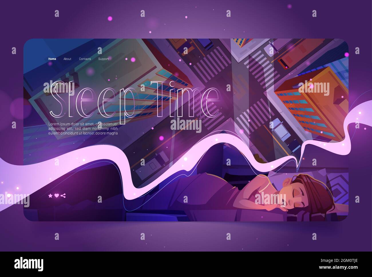Sleep time website with woman naps and top view of city street. Vector ...