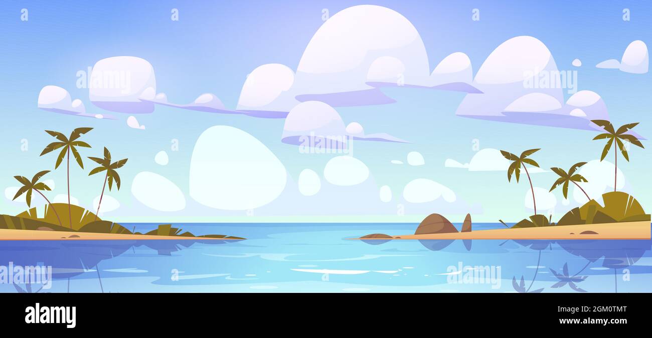 Tropical landscape with sea bay and palm trees on shore. Vector cartoon ...