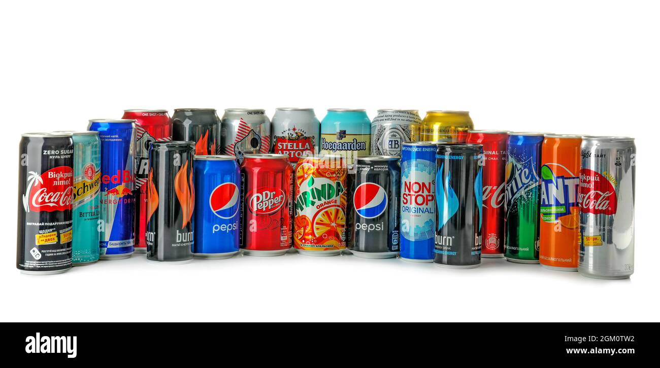 KYIV, UKRAINE - SEPTEMBER 18, 2017: Different drinks of popular brands ...