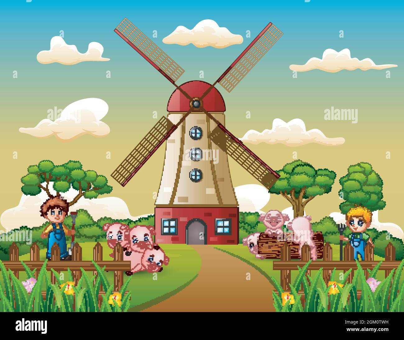 Cartoon two boy is herding pigs in the windmill building background ...