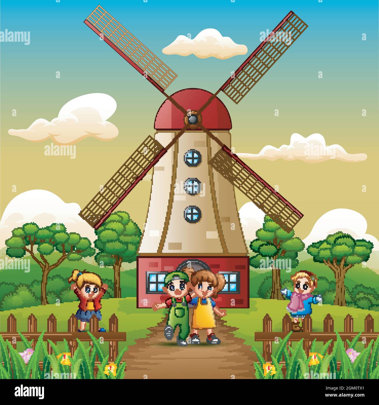 happy kids playing in front of windmill building background Stock ...
