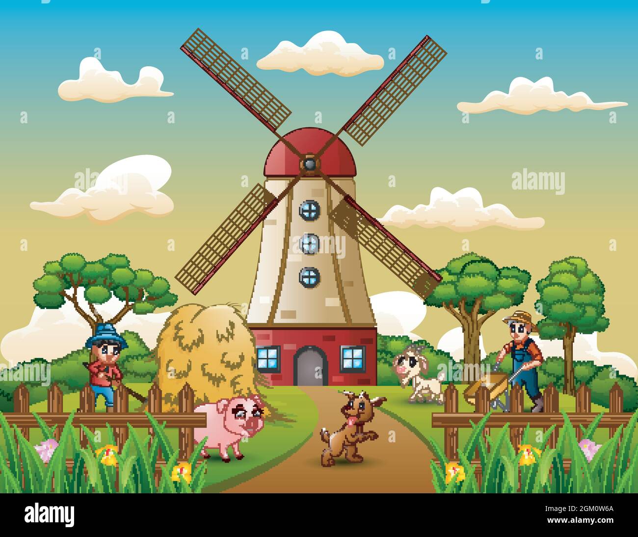 Happy farmer with animal on the windmill building background Stock ...