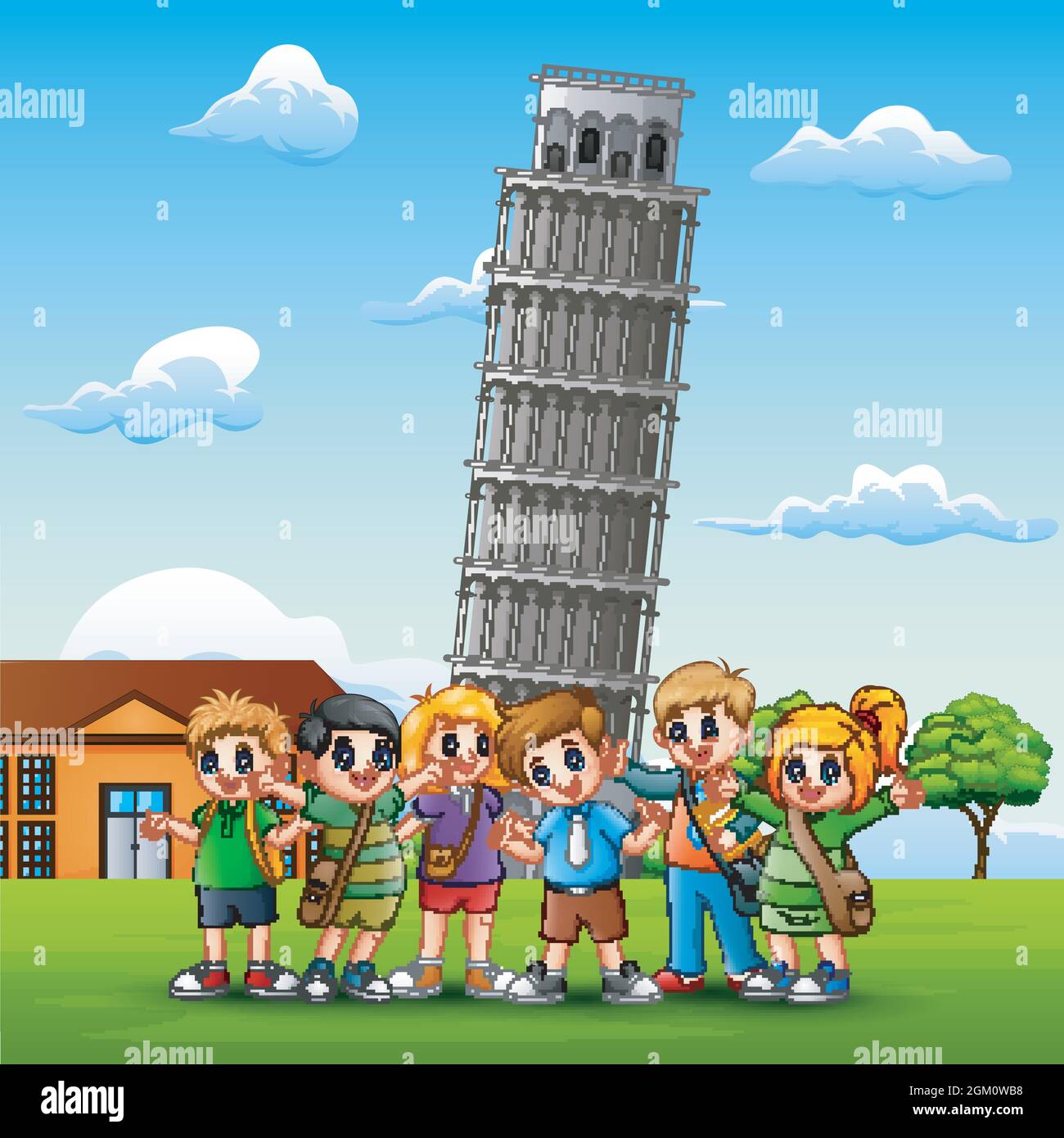 Cartoon happy kids in front of pisa tower background Stock Vector Image ...