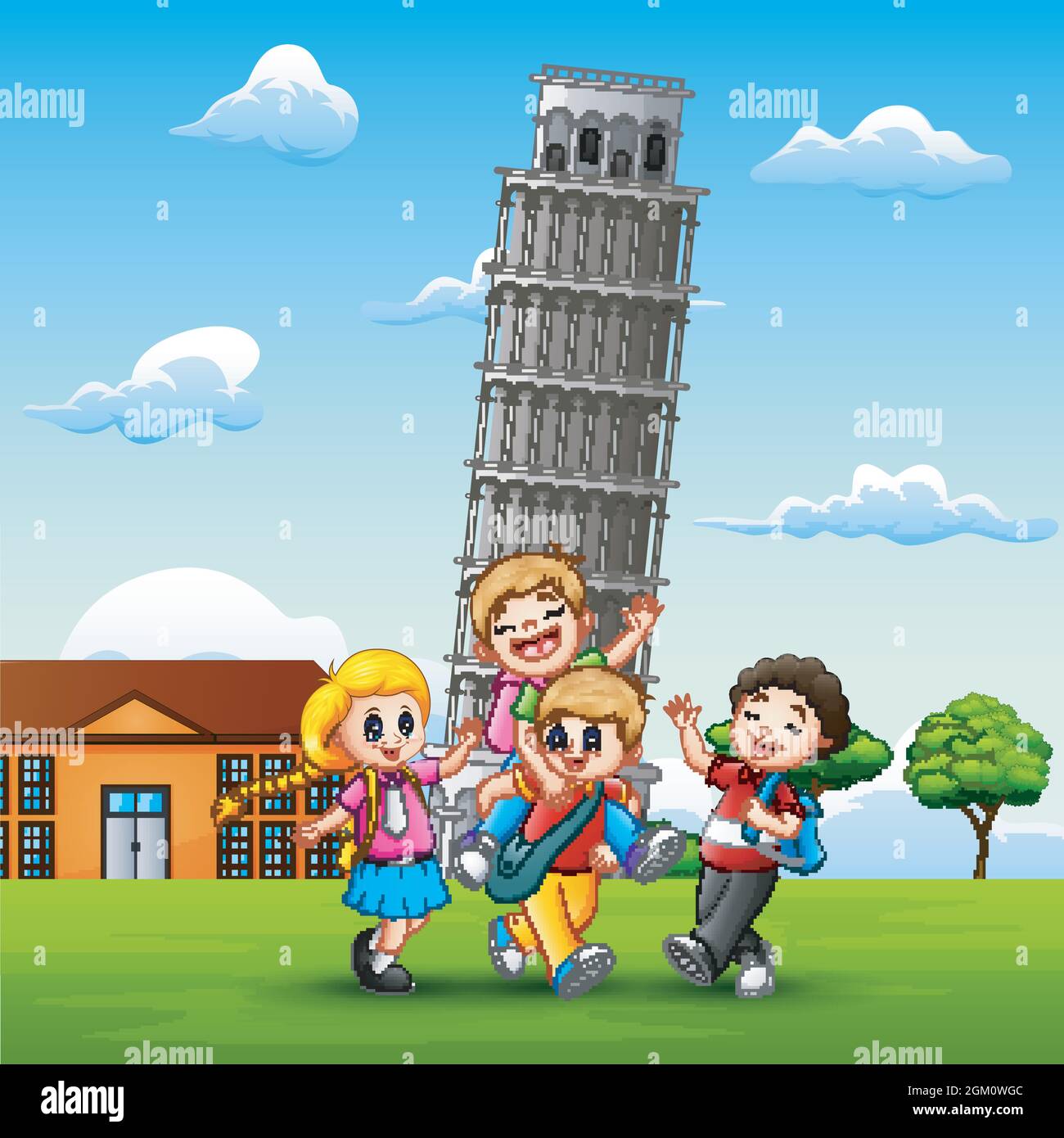 Cartoon happy kids in front of pisa tower background Stock Vector Image ...