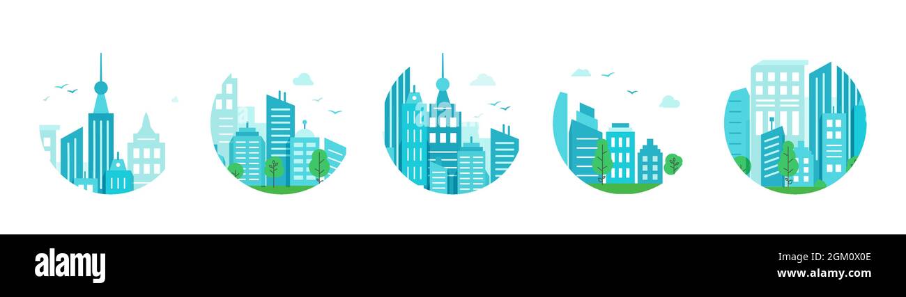 Set of round icons with blue city. Urban landscape with houses in ...