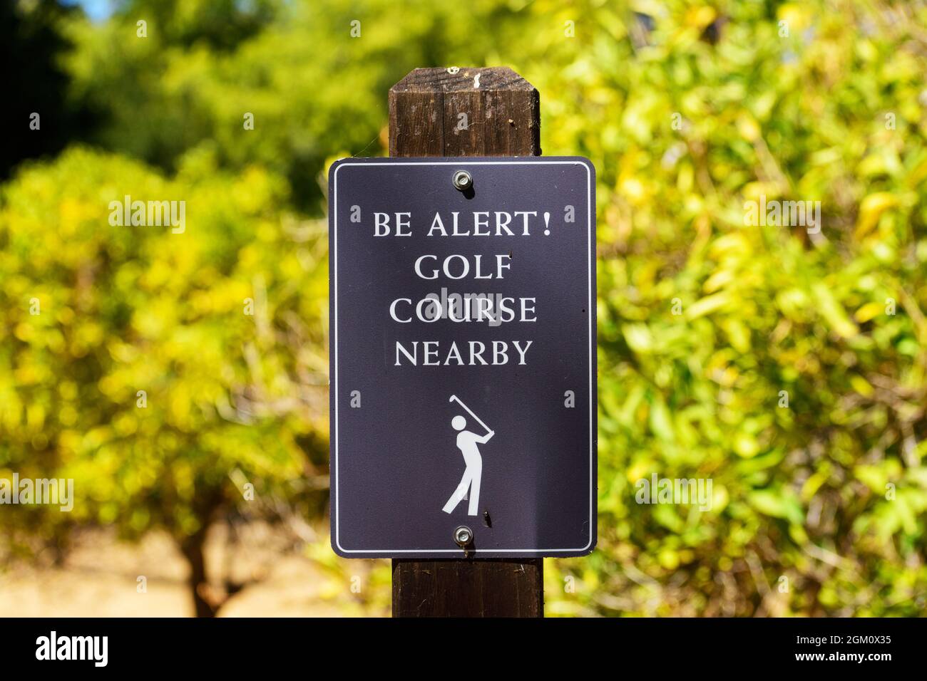 Be Alert. Golf course nearby warning sign. Blurred green trees ...