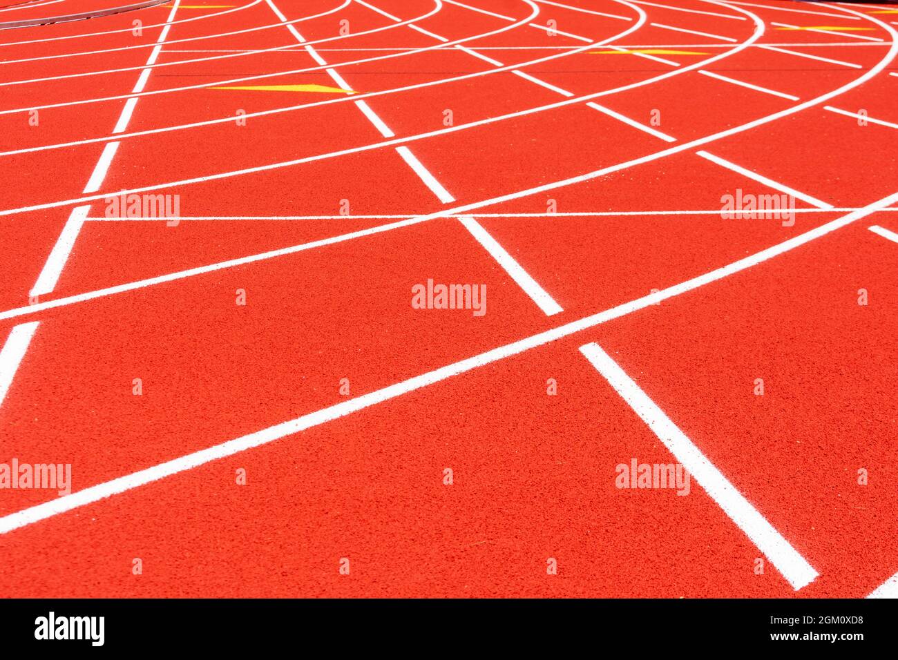 All-weather running track. White solid lines crosses on red rubber ...