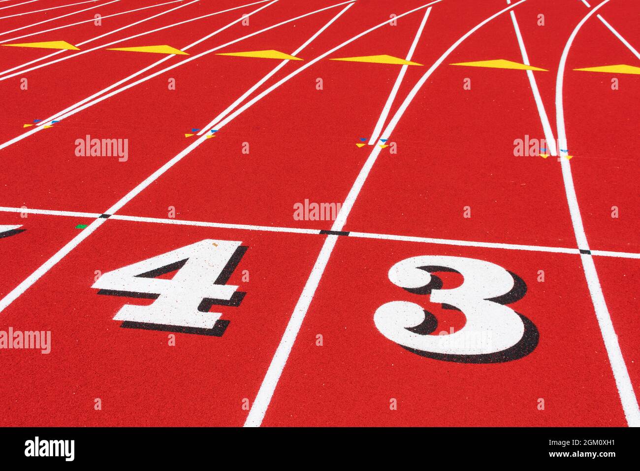 Track and field race course starting line with numbers 4 and 3 Stock ...