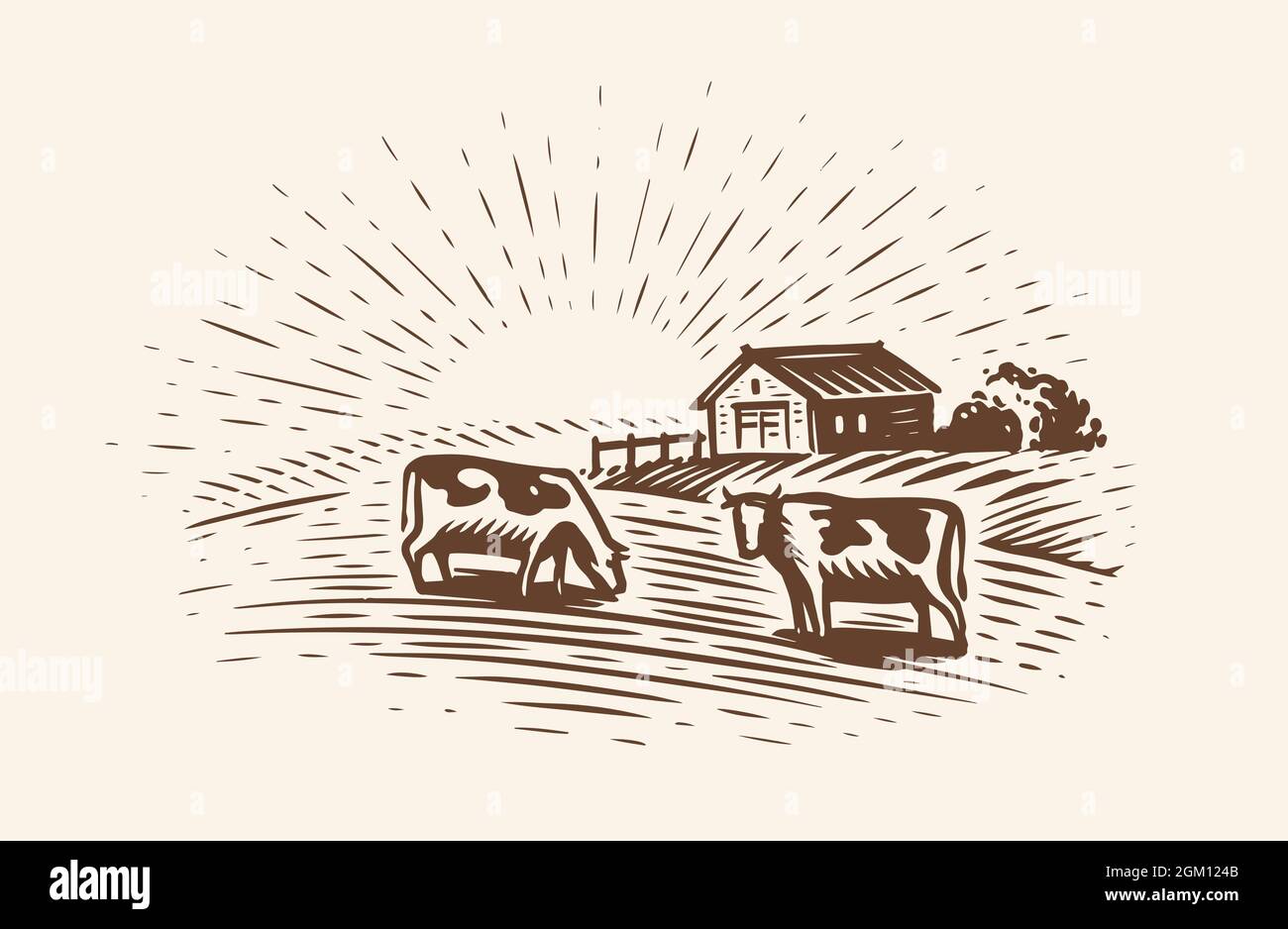 Cows graze in meadow near farm. Hand drawn graphical rural landscape ...