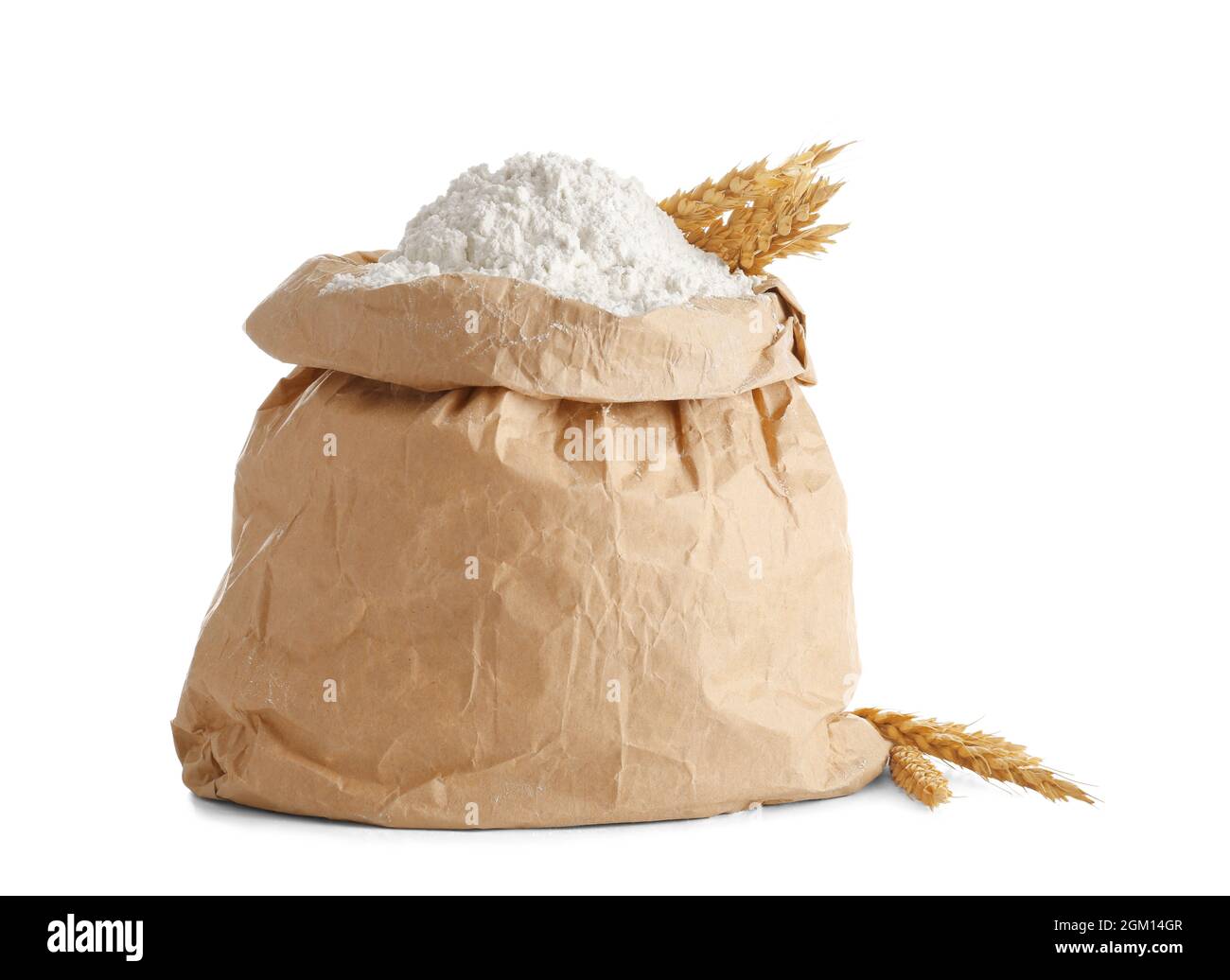 Paper bag of flour on white background Stock Photo - Alamy