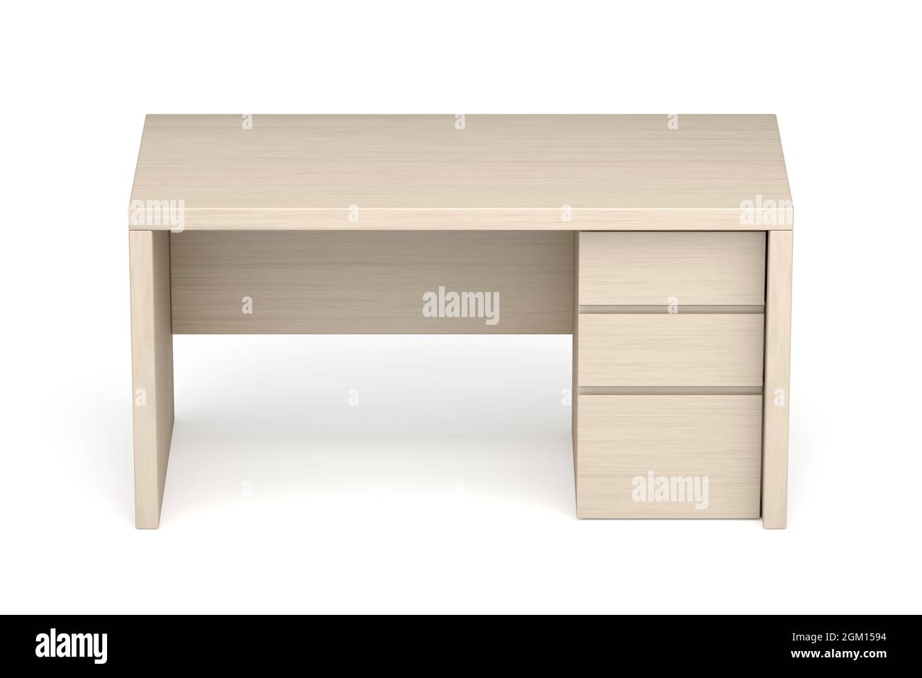 Front view of an empty wooden desk with drawers on white background ...