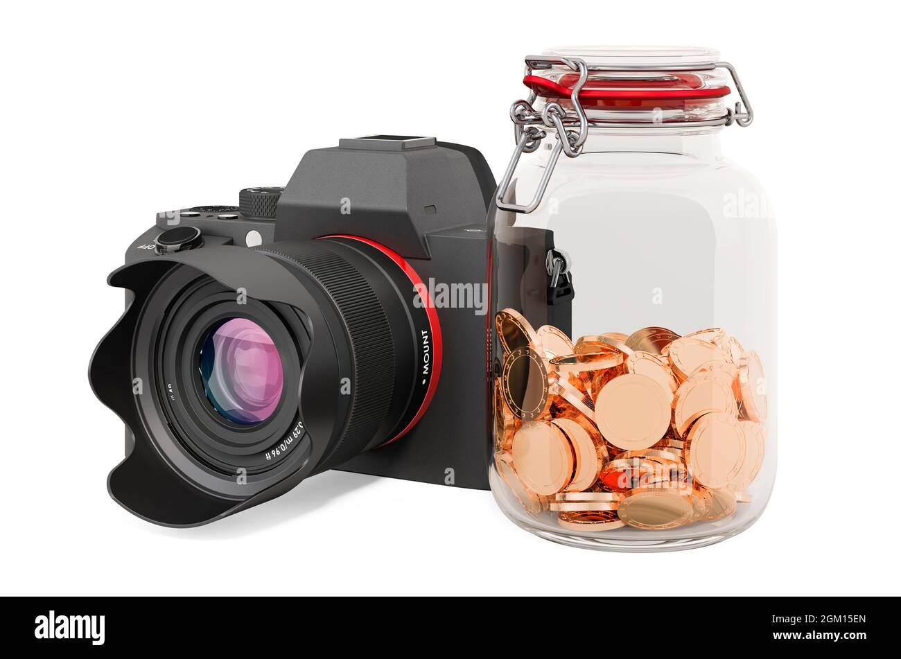 Digital camera with glass jar full of golden coins, 3D rendering ...