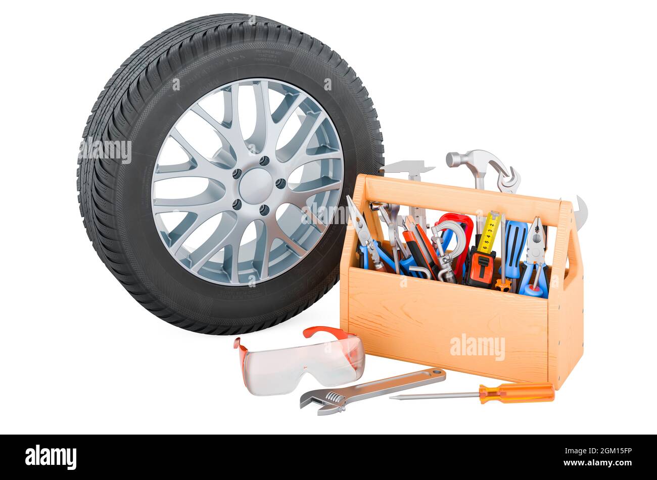 Car wheel with toolbox. Auto wheel with tools, auto service and repair ...