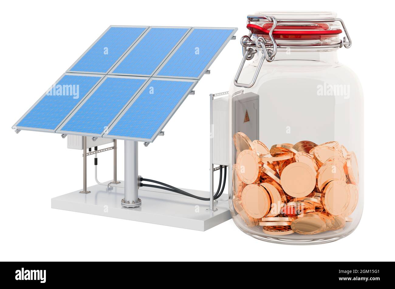 Solar panel with glass jar full of golden coins. Saving energy ...