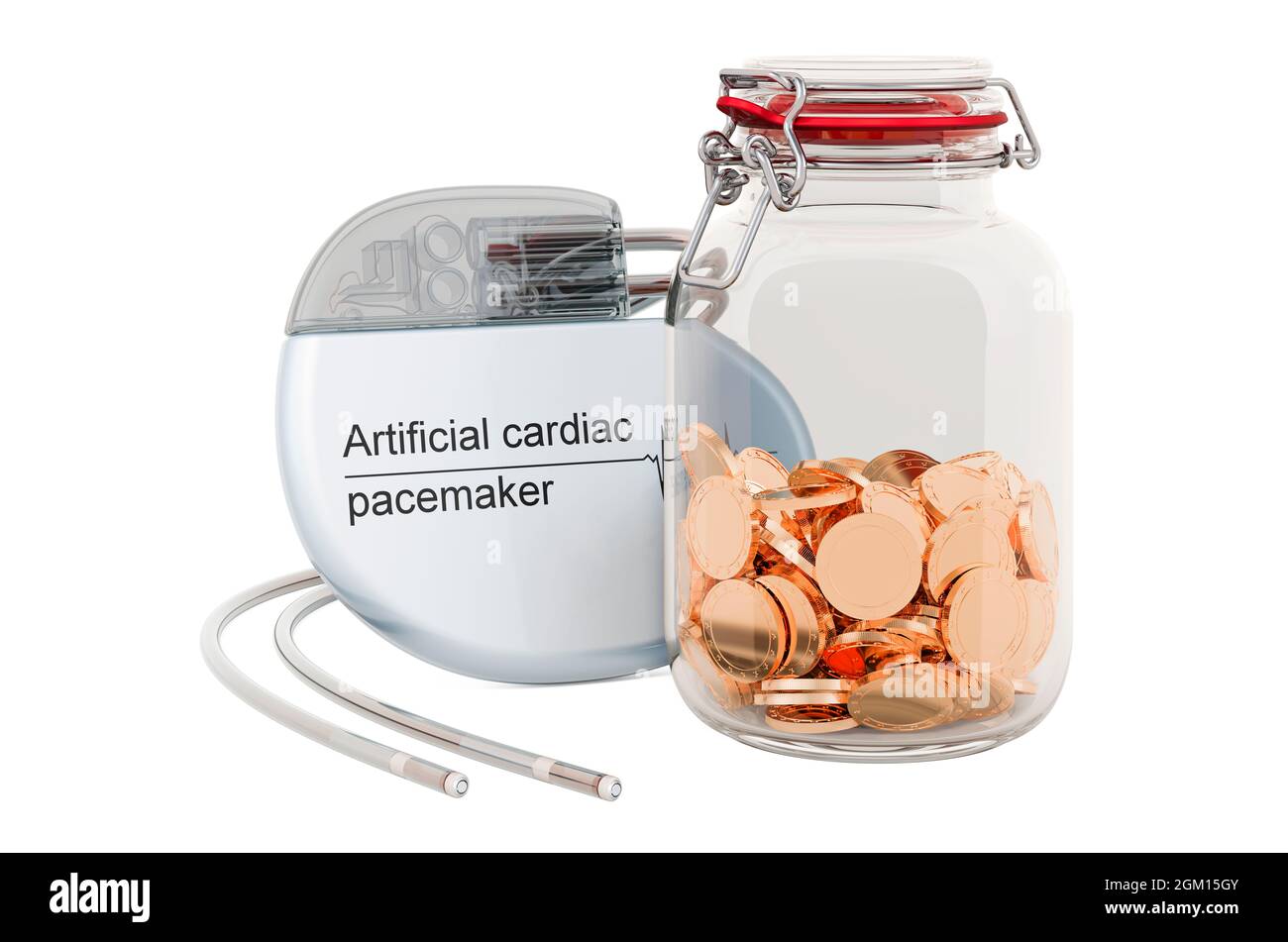 Artificial cardiac pacemaker with glass jar full of golden coins, 3D ...