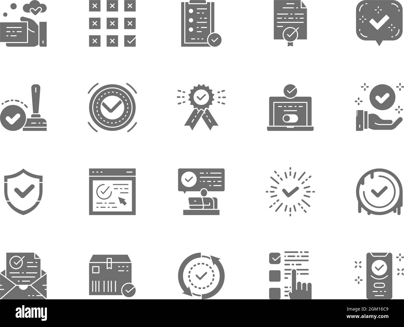 Set of Check Mark and Approve Grey Icons. Certificate, Quality Control ...