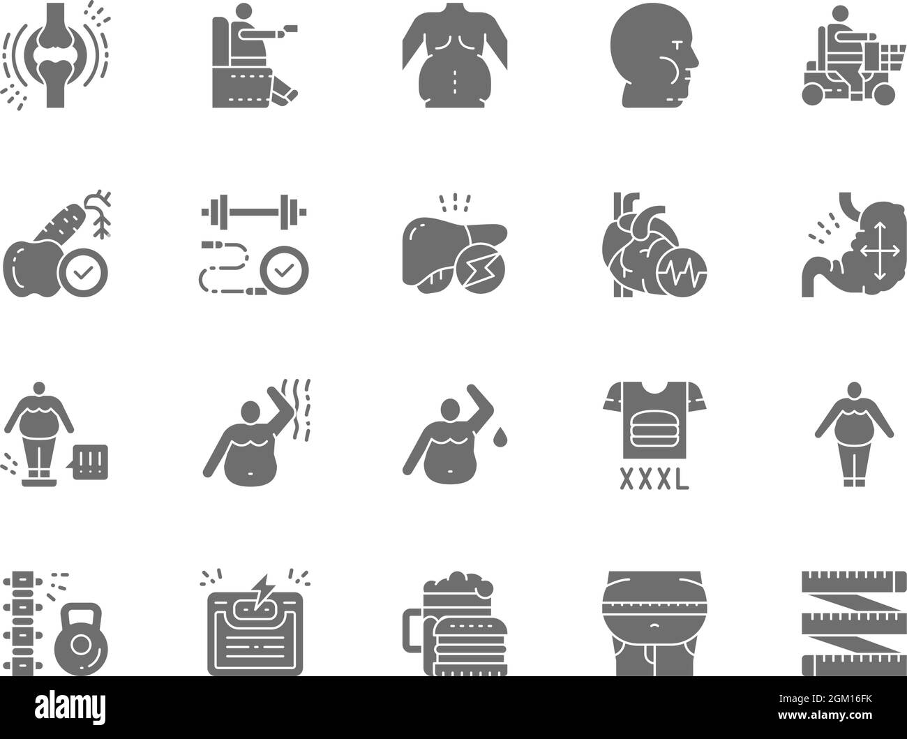 Set of Obesity and Overweight Grey Icons. Fat Face, Junk Food, Diet and ...