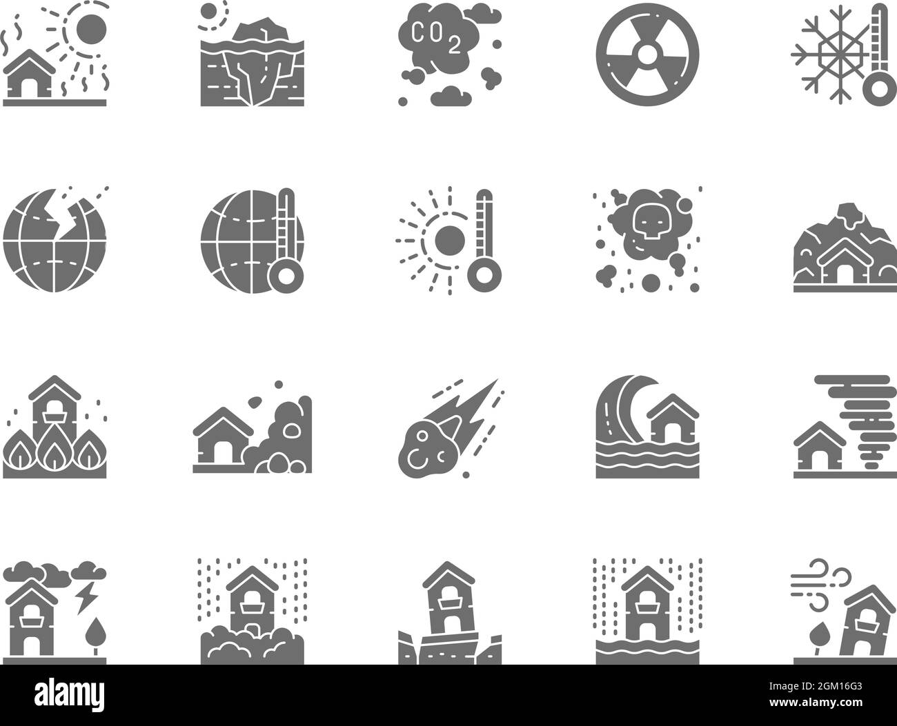 Set of Natural Disaster Grey Icons. Drought, Global Warming, Pollution ...