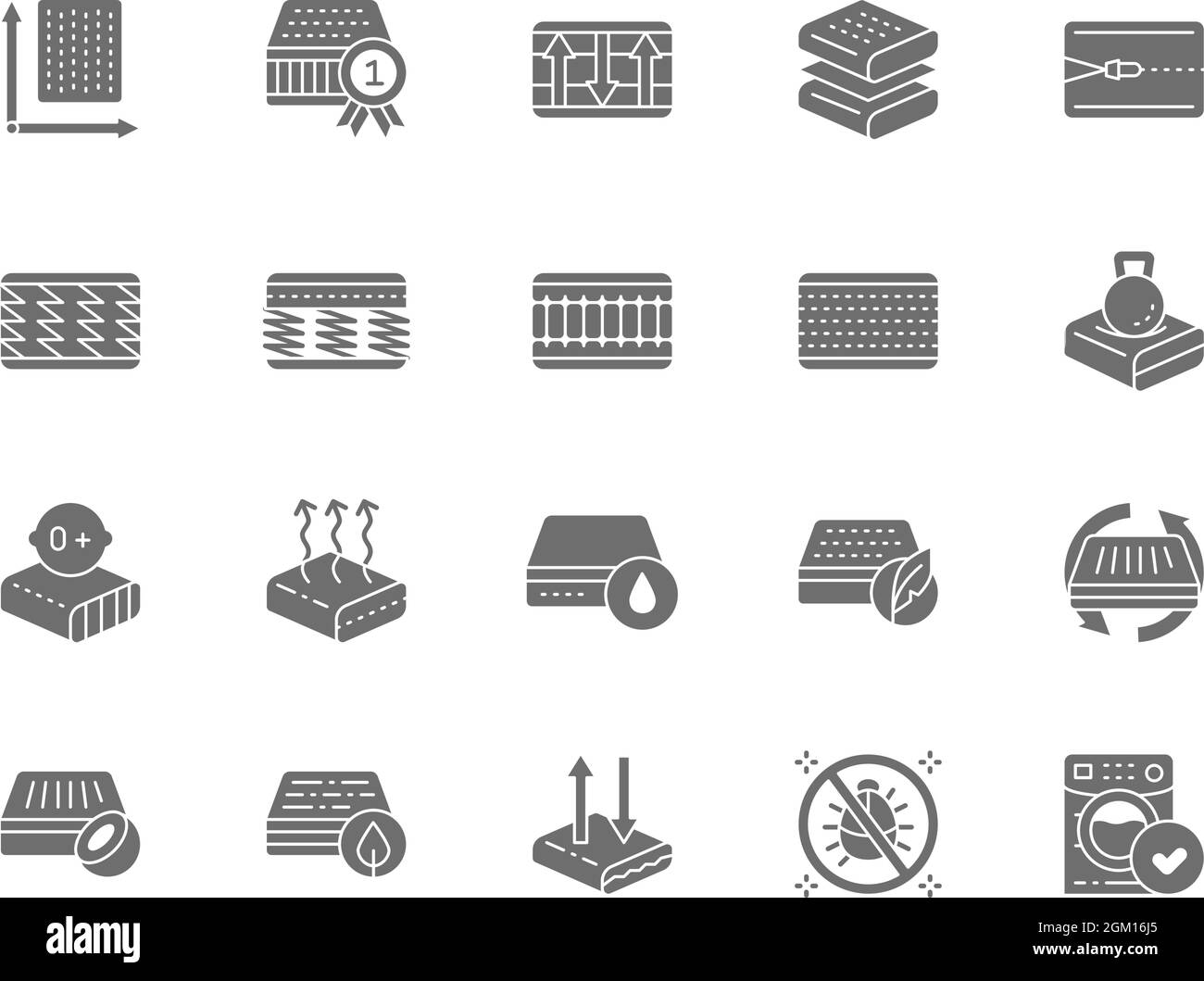 Set of Orthopedic Mattress Grey Icons. Elastic Material, Anti Allergic ...