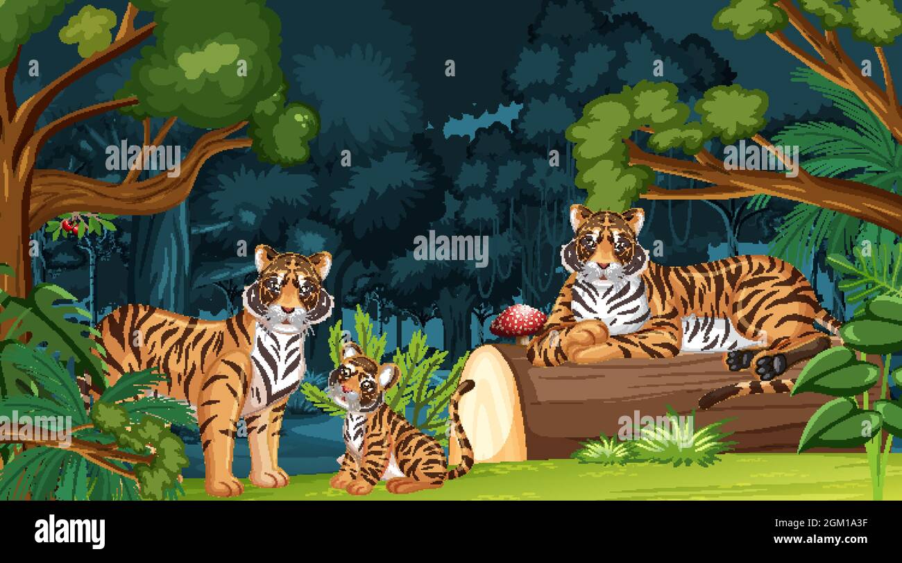 Tiger family in forest landscape background illustration Stock Vector Image & Art - Alamy