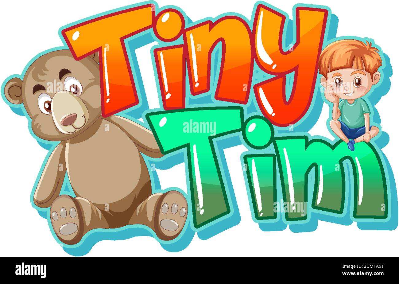 Tiny Tim logo text design with teddy bear and cute boy illustration ...