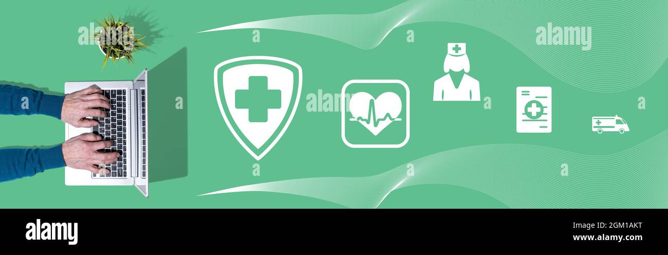 Top view of hands using laptop with symbol of emergency concept Stock ...