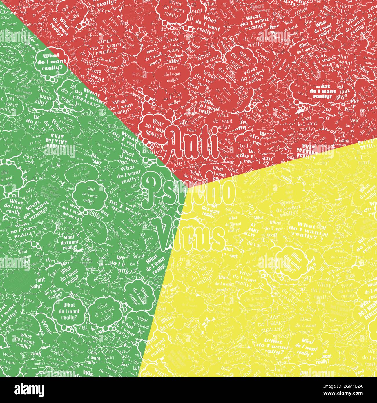 A red, yellow and green background with thought bubbles and the text ...