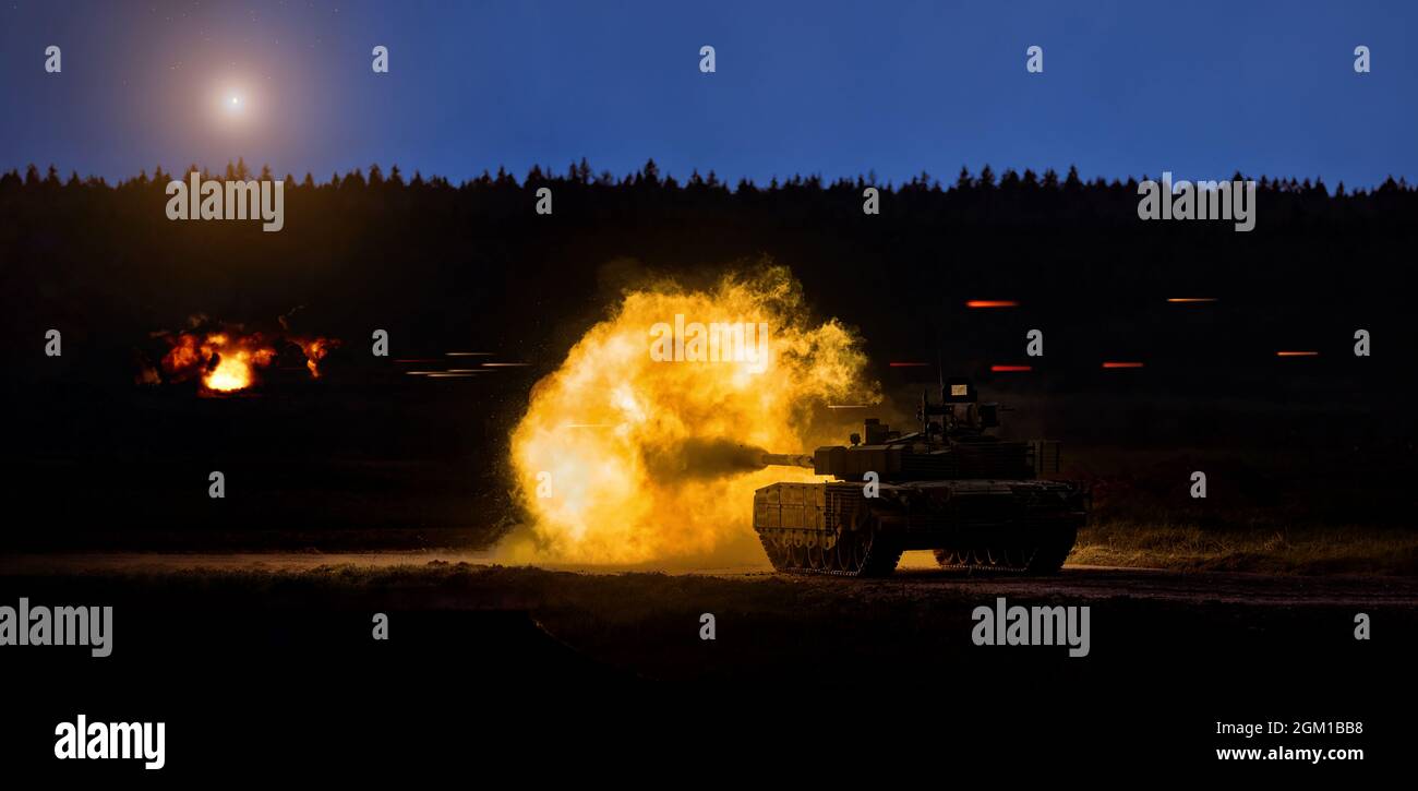Shot from a tank gun, the frame of military operations. Russian Modern ...