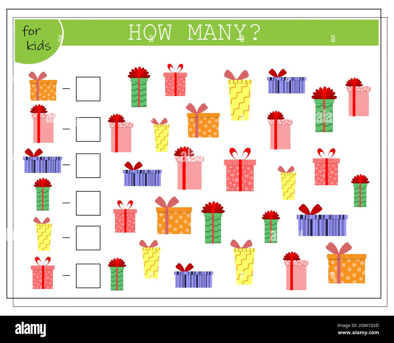 A math game for children, count how many of them there are. Gift boxes ...
