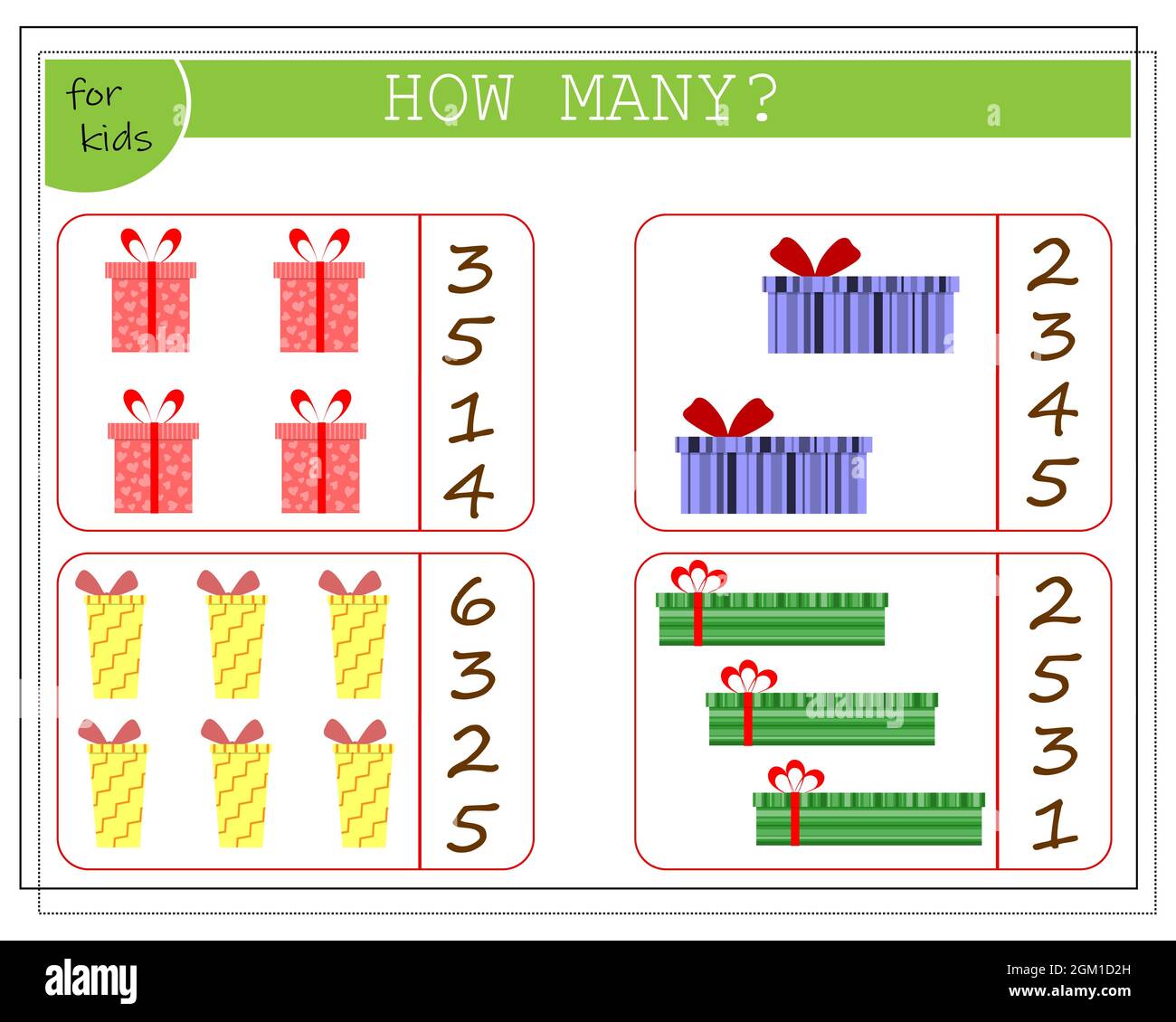 A math game for children, count how many of them there are. Gift boxes ...