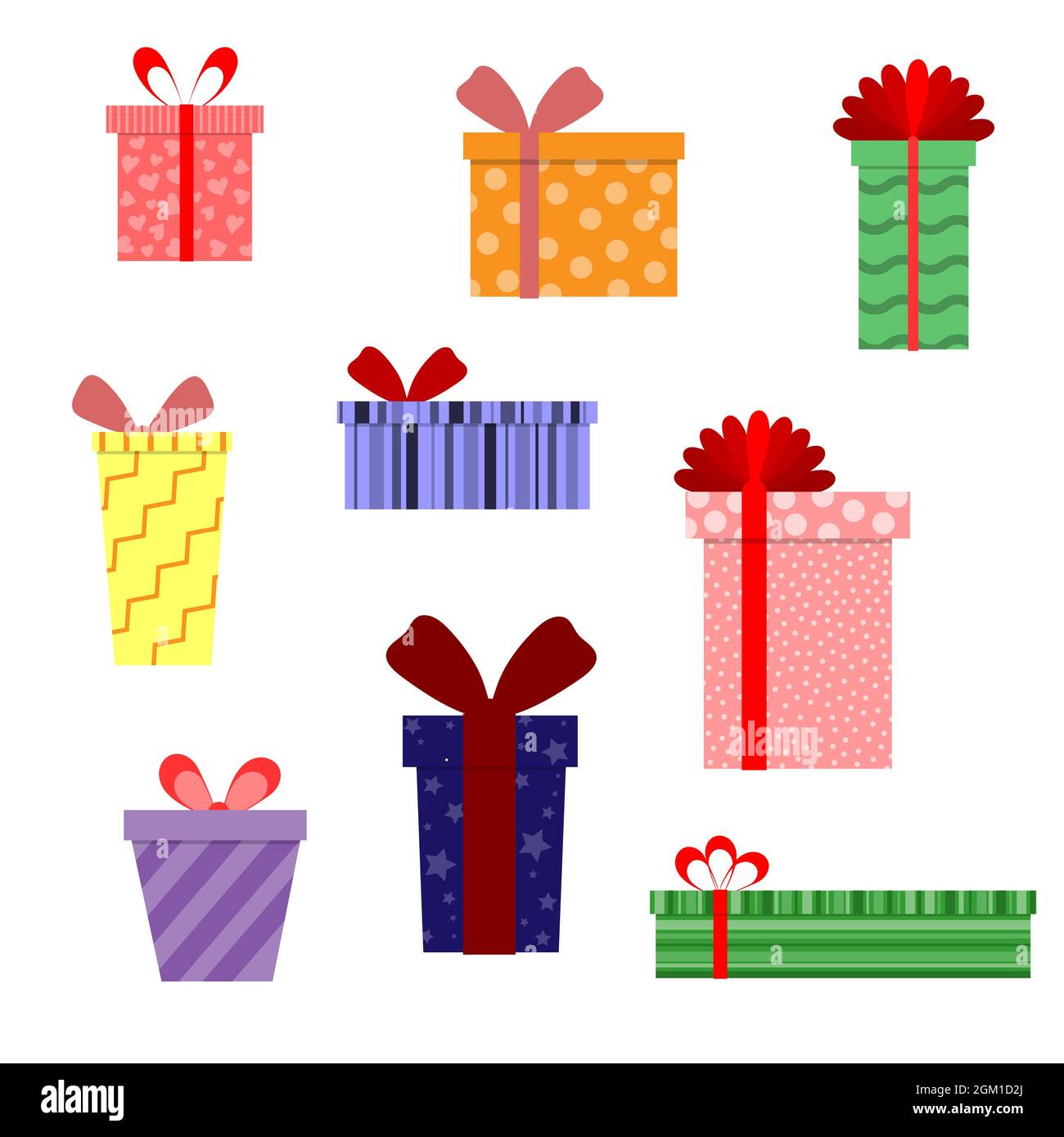 a set of gift boxes with bows, different shapes and patterns. vector ...