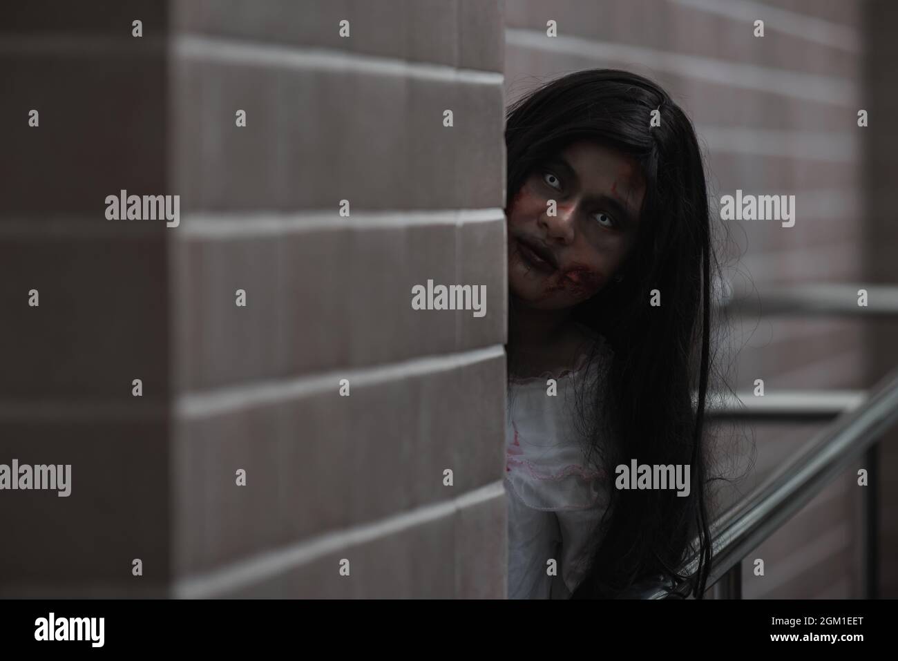 Horror evil woman ghost creepy in a dark room at house. Female zombie ...