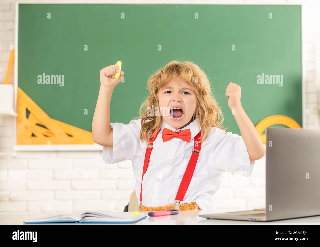 concept of education. nerd kid with long hair at blackboard. september ...
