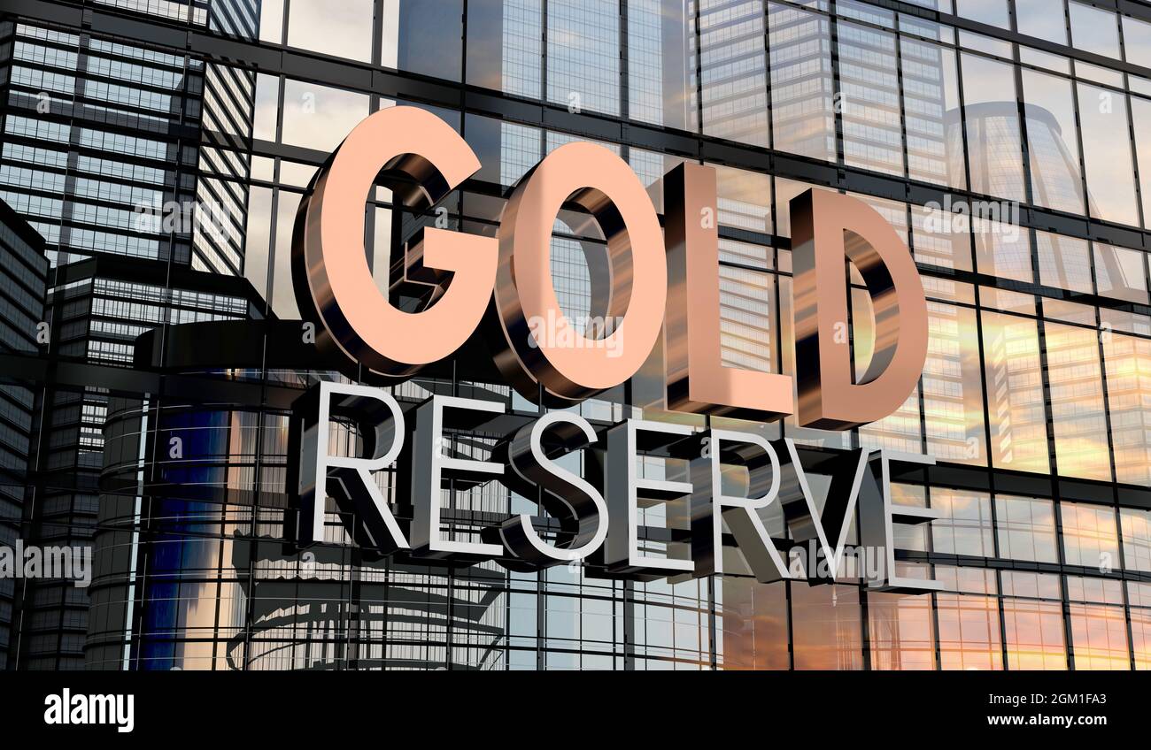 Gold reserve - typographical concept, sign on glass building - 3D ...
