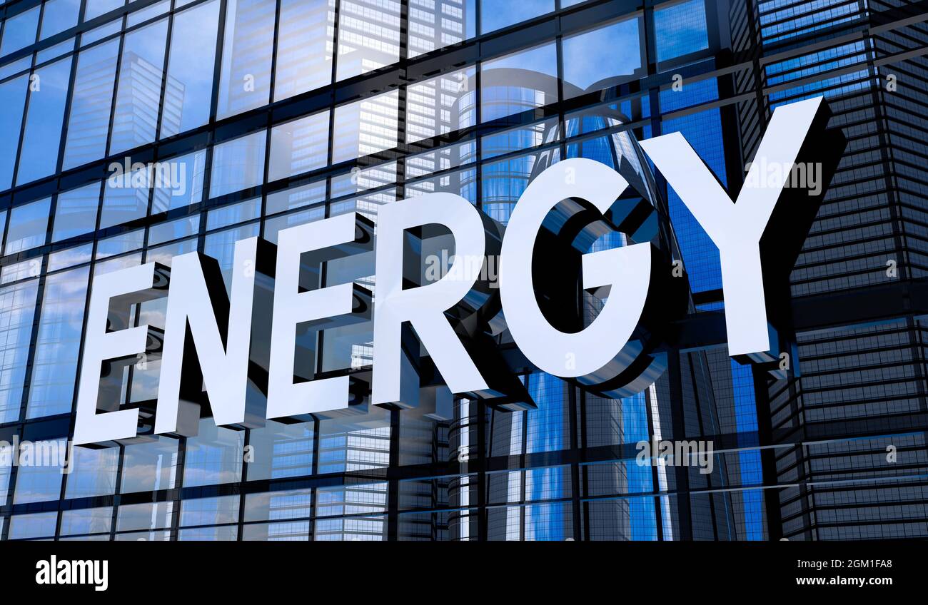 Energy - typographical concept, sign on glass building - 3D ...